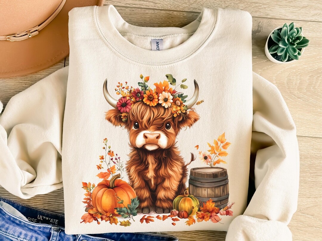 Highland Cow Fall PNG, Autumn Floral T-shirt Design, Cute Cow ...