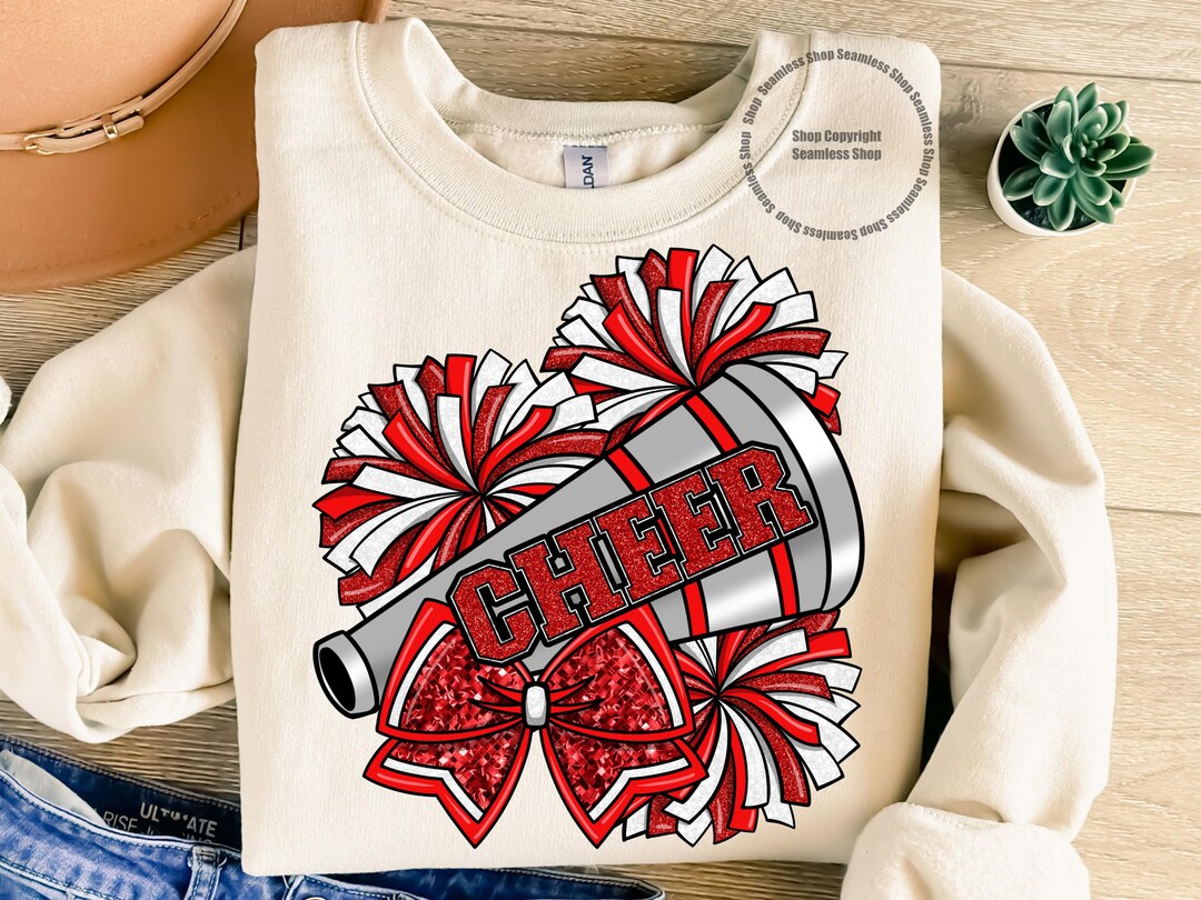 Cheer Megaphone Pom Poms, Red Glitter Bow Design, Cheerleader ...