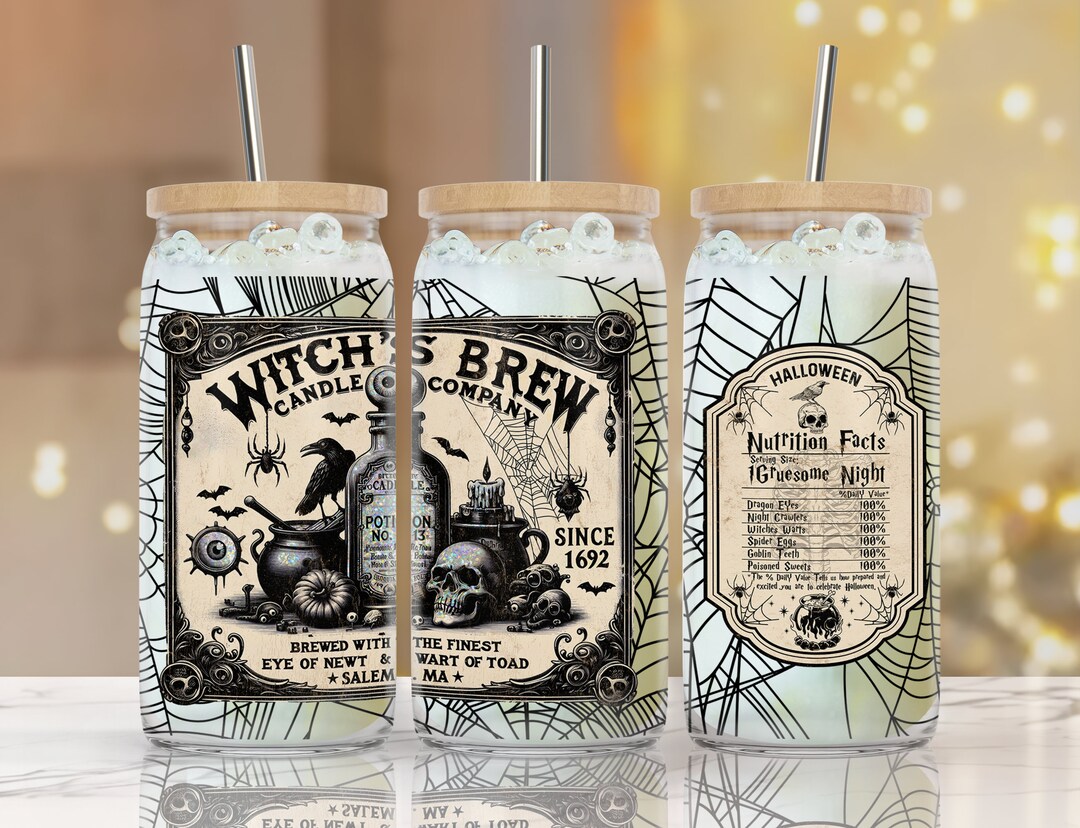 Vintage Halloween Boho Witch Label PNG 16oz Glass Can Wrap Png ...