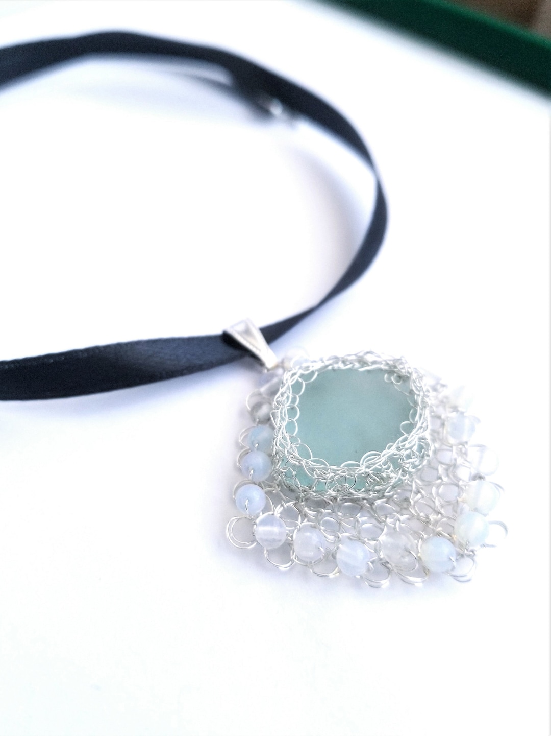 Necklace, Crochet Wire Jewelry, Silver Plated Cooper Wire, Light Blue ...