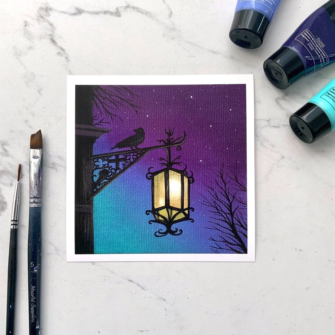 Crow on Lamp Post Print | 5x5 Inches | Acrylic Painting Art Print - Etsy