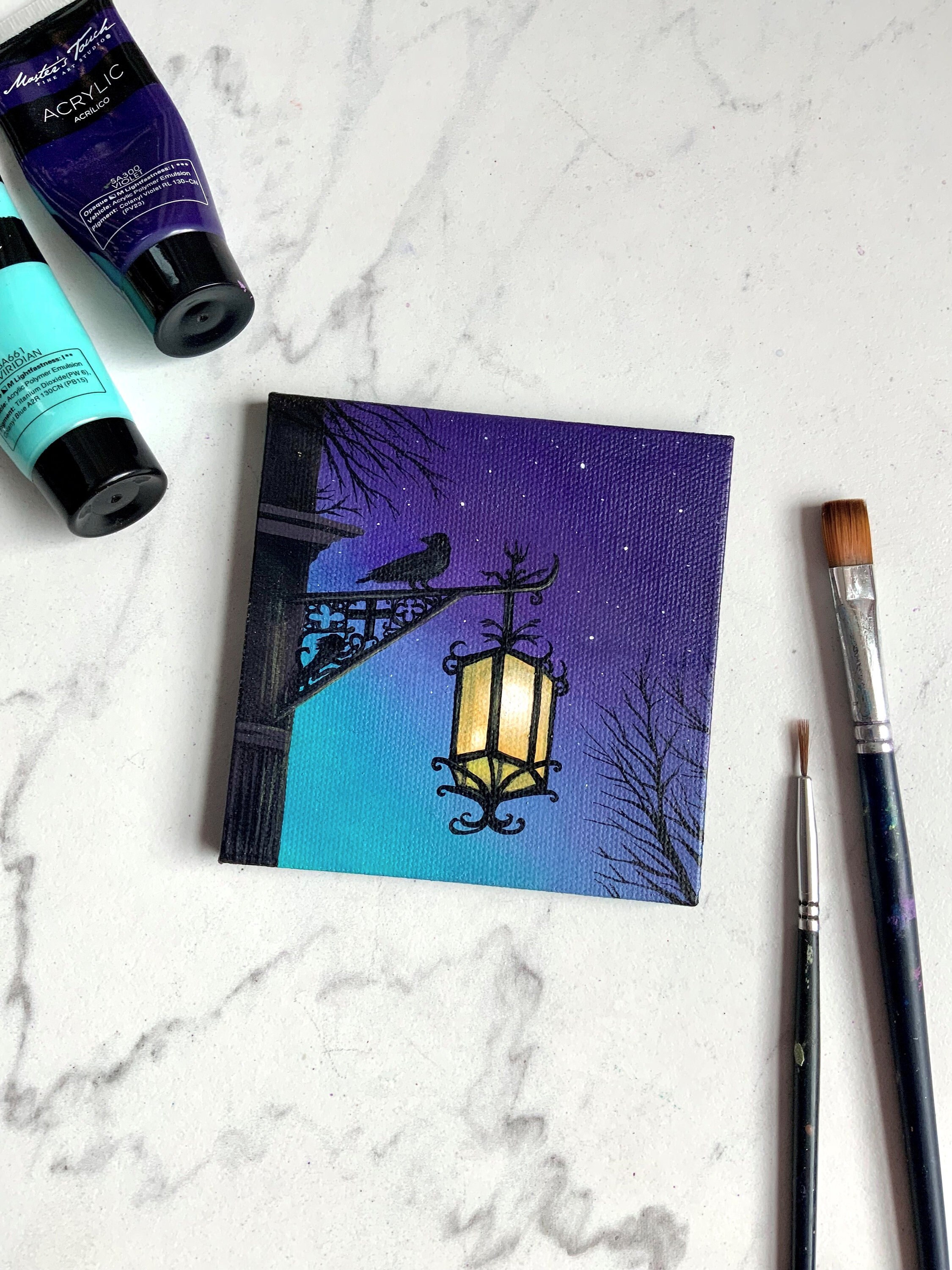 Crow on Lamp Post Acrylic Painting 4x4 Inches Original - Etsy