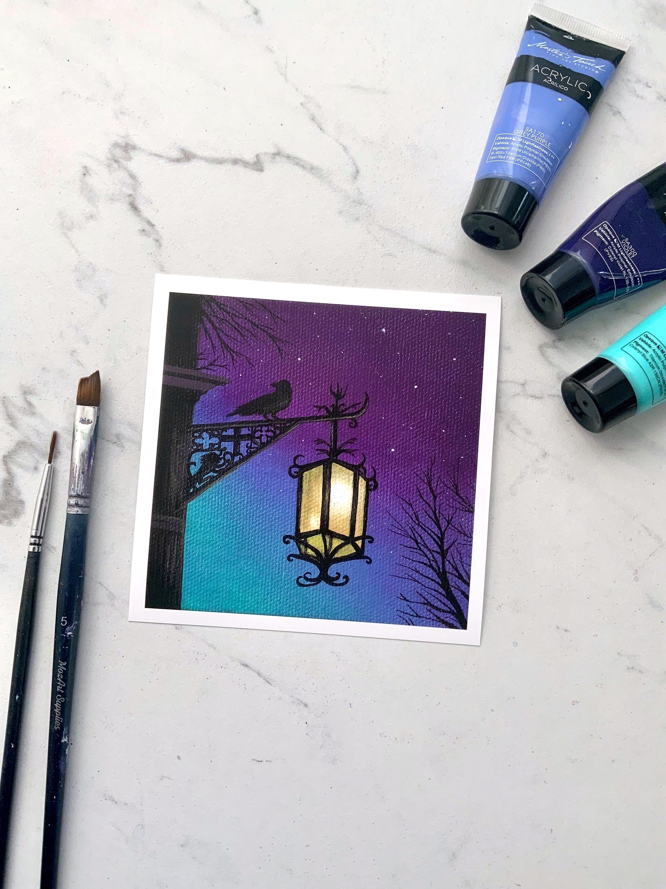Crow on Lamp Post Print | 5x5 Inches | Acrylic Painting Art Print - Etsy