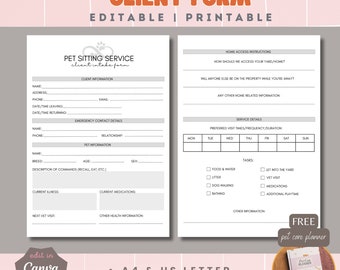 Pet Sitter Client Intake Form, Editable Pet Sitting Service Form, Dog ...