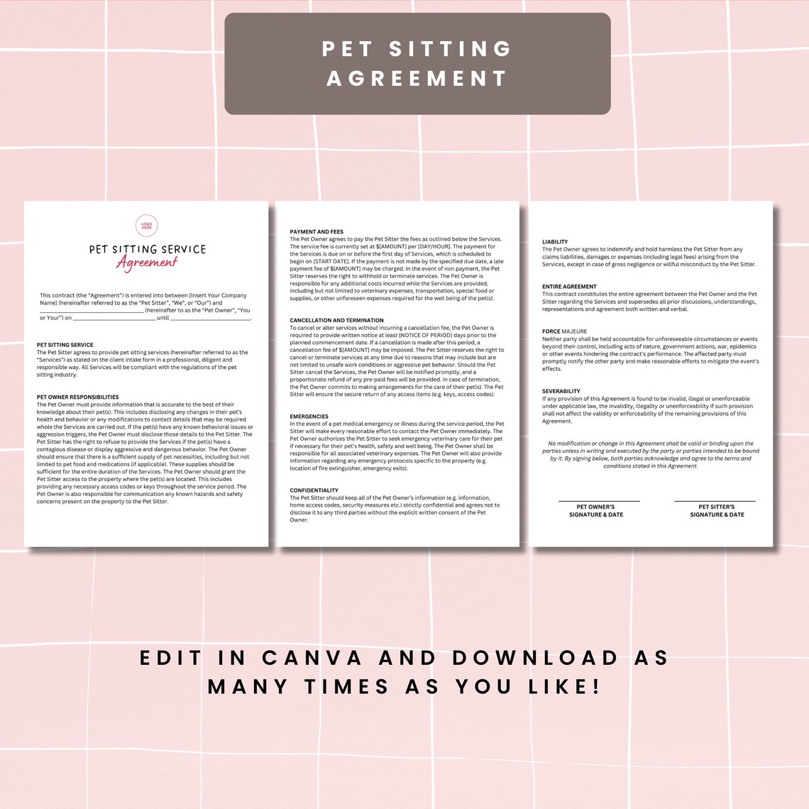 Pet Sitting Service Form Pet Sitter Forms Editable Dog - Etsy