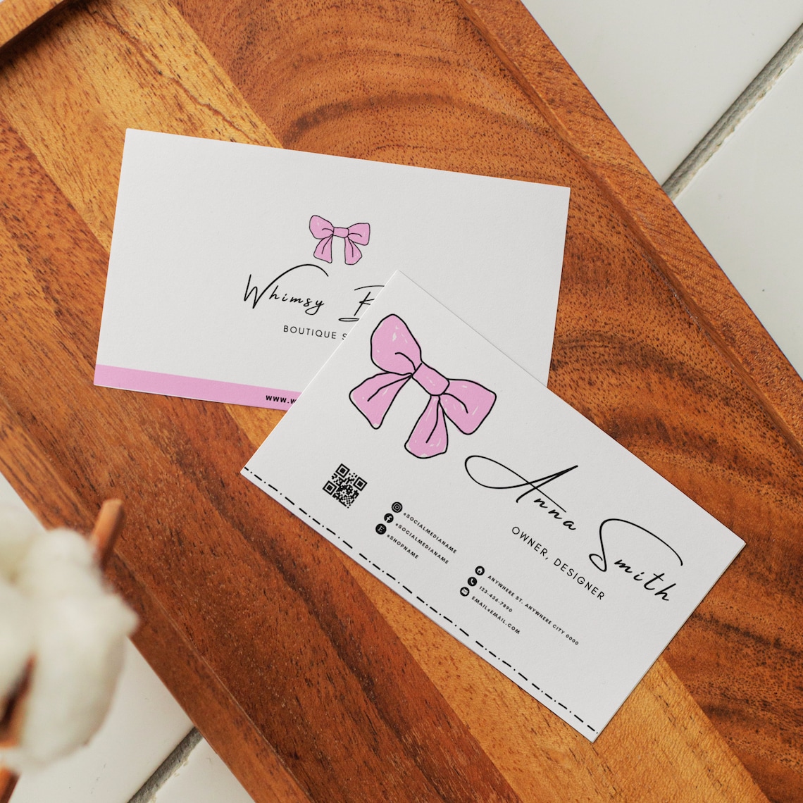 Pink Bow Business Card, Hand Drawn Ribbon Card, Minimalist Bow ...