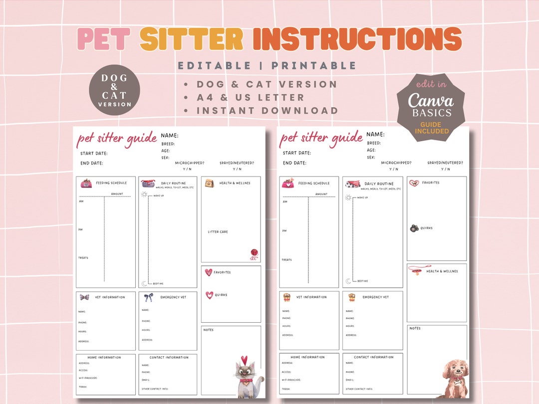 Pet Sitter Instruction, Pet Care Printable, Dog Sitter Guide, Cat Sitter Guide, Pet Care ...