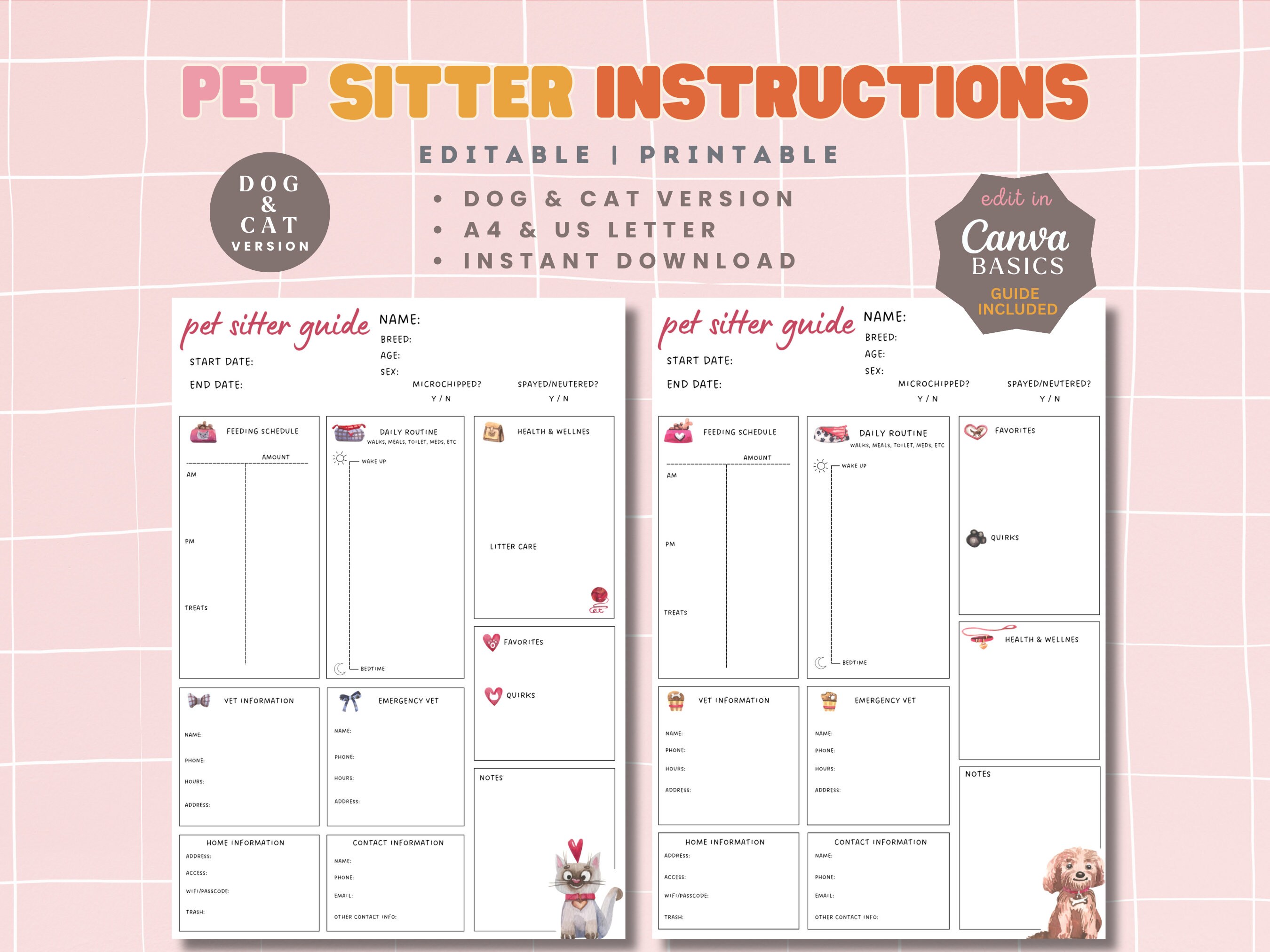 Pet Sitter Instruction, Pet Care Printable, Dog Sitter Guide, Cat ...