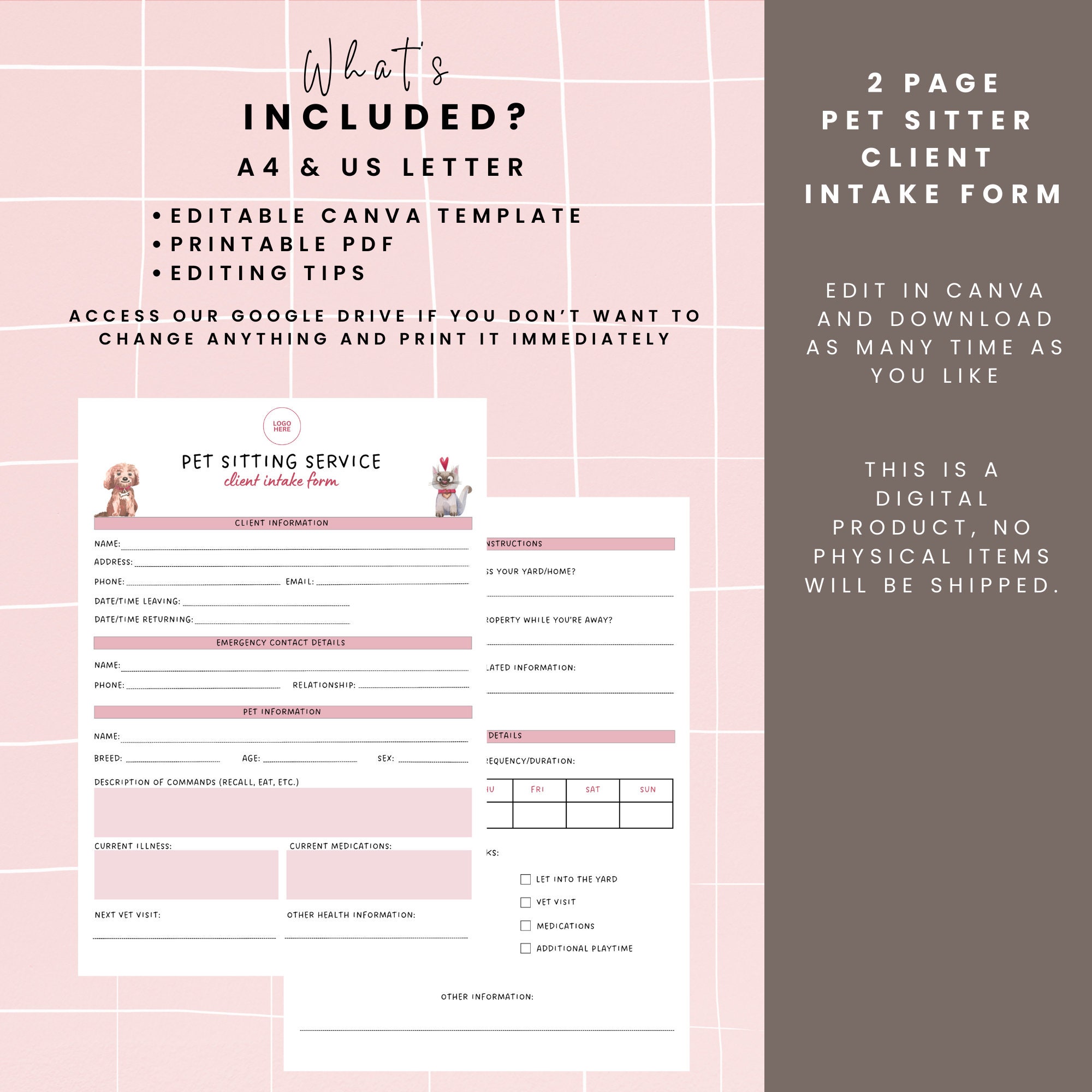 Pet Sitter Client Intake Form Editable Pet Sitting Service - Etsy