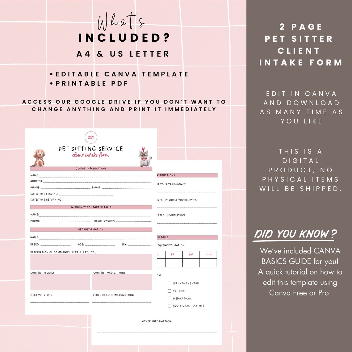 Pet Sitter Client Intake Form, Editable Pet Sitting Service Form, Dog ...
