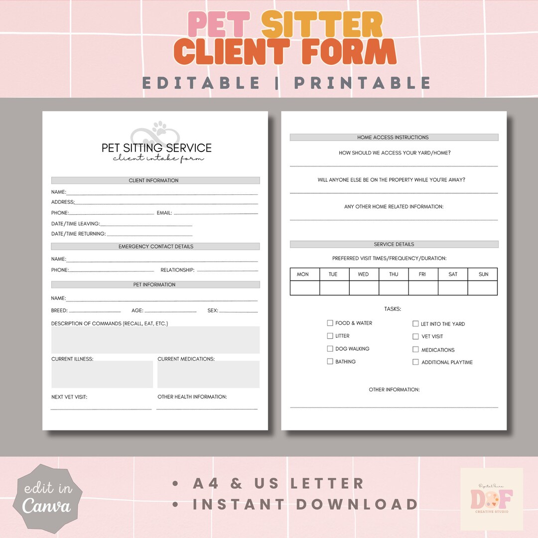 Pet Sitter Client Intake Form, Editable Pet Sitting Service Form, Dog ...