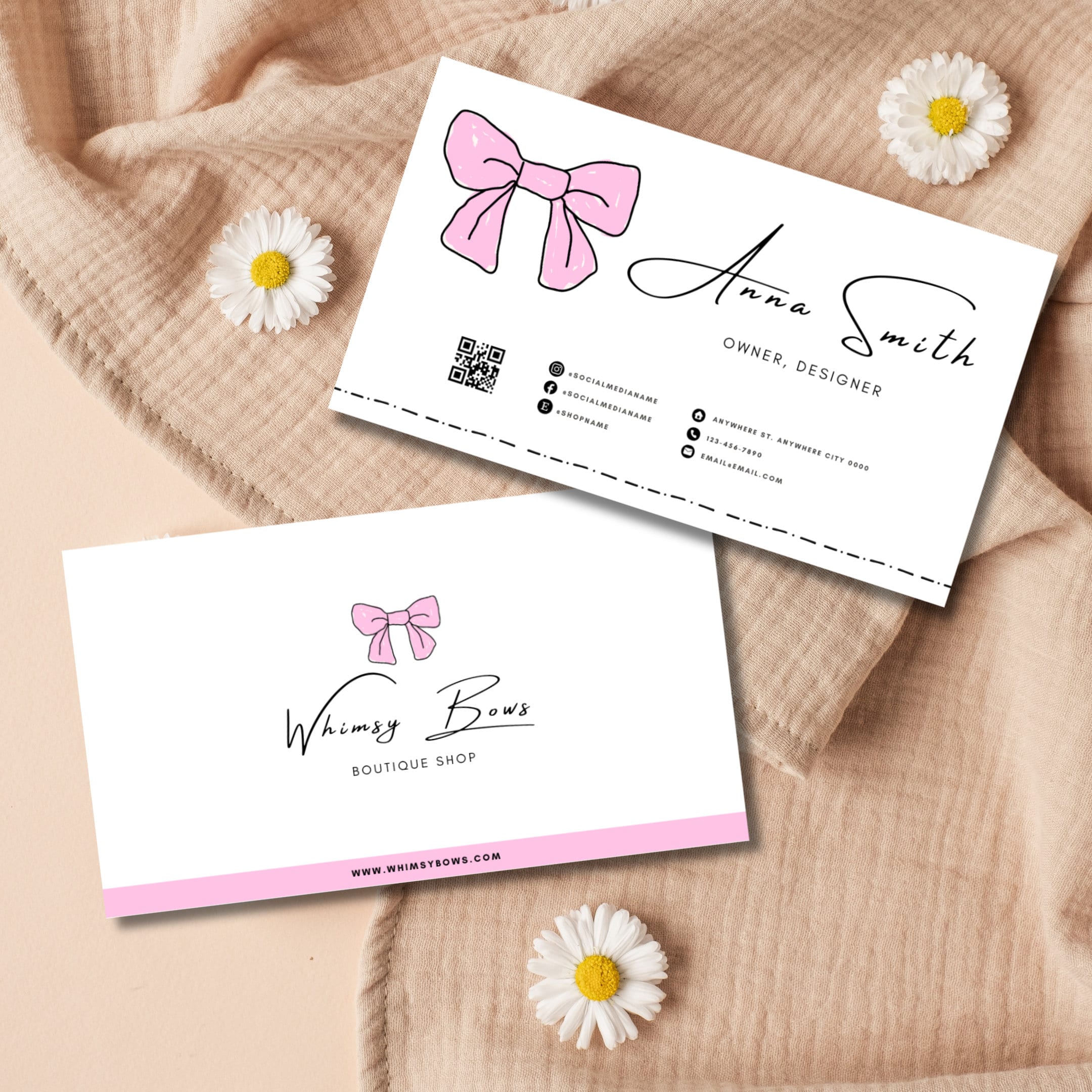 Pink Bow Business Card, Hand Drawn Ribbon Card, Minimalist Bow ...