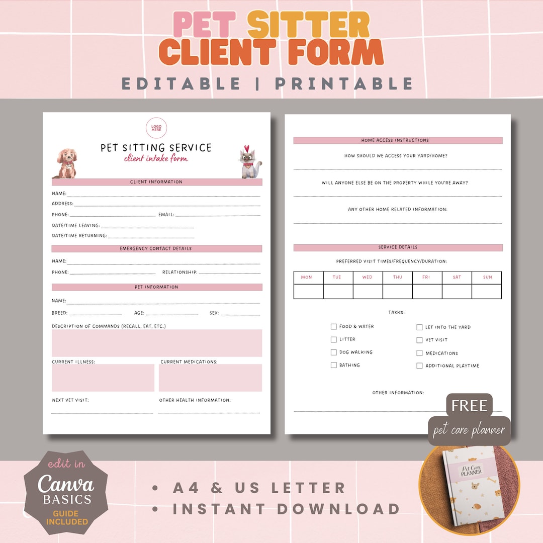 Pet Sitter Client Intake Form, Editable Pet Sitting Service Form, Dog ...