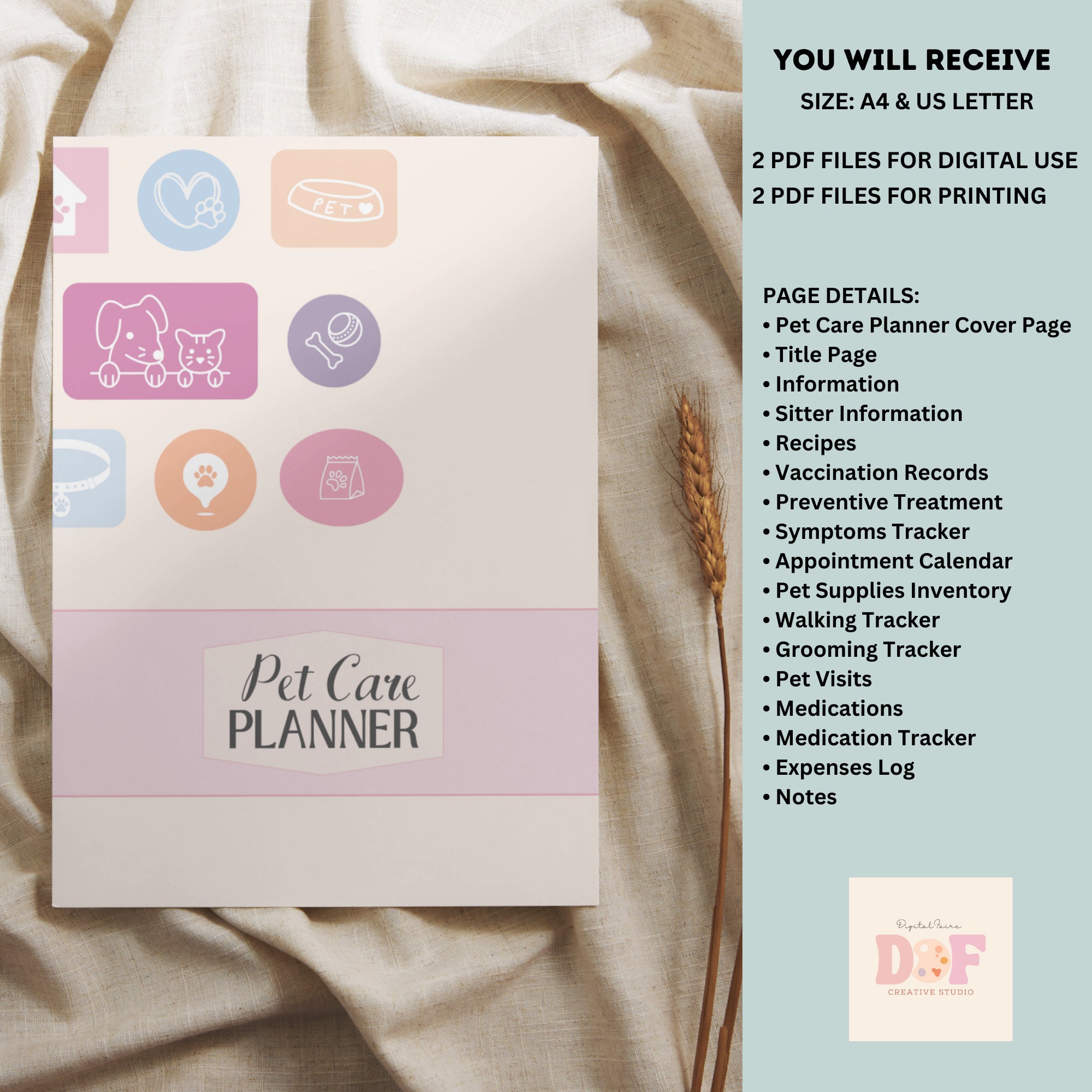 Pet Care Digital Planner Printable, Pet Sitter Notes, Health Tracker ...