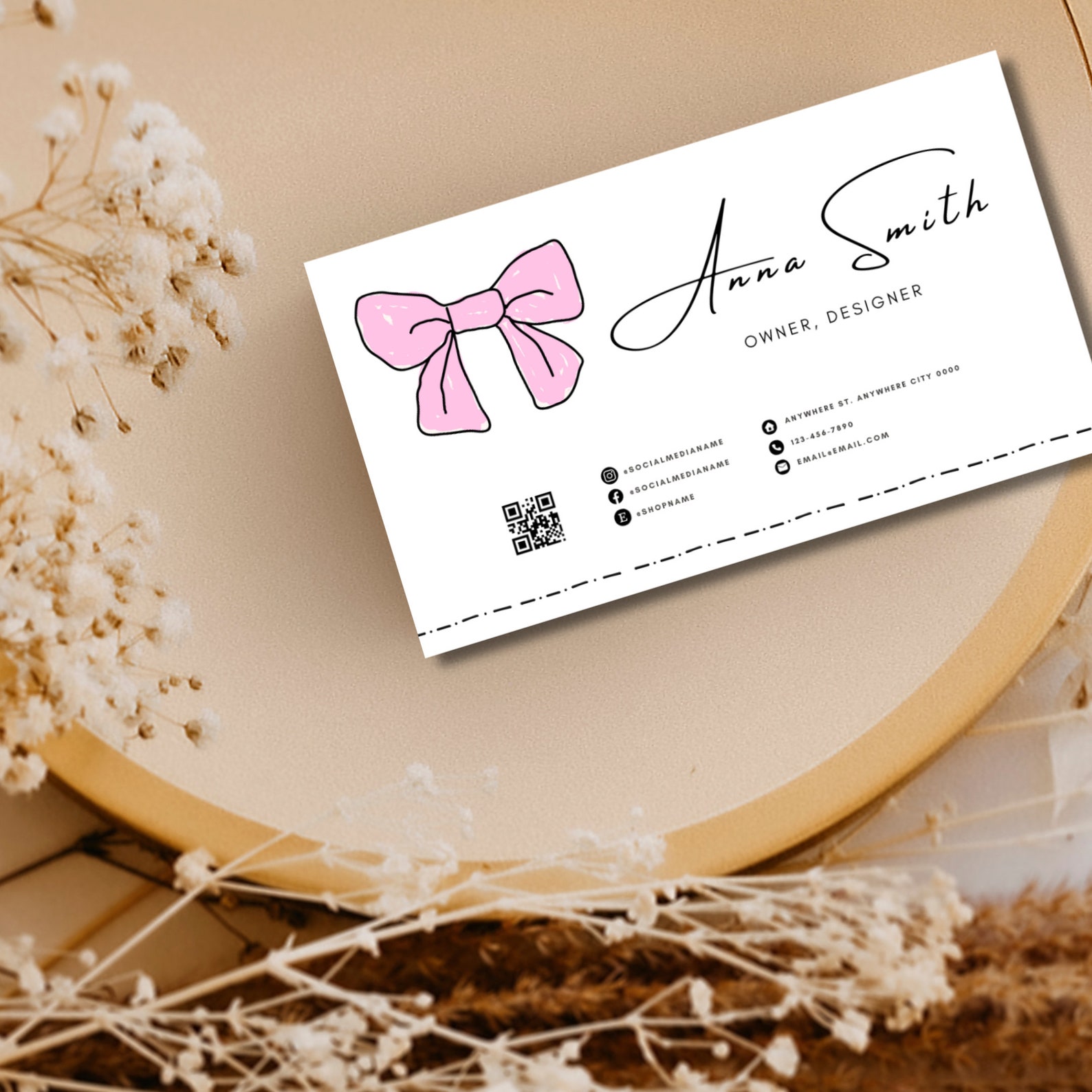 Pink Bow Business Card, Hand Drawn Ribbon Card, Minimalist Bow ...