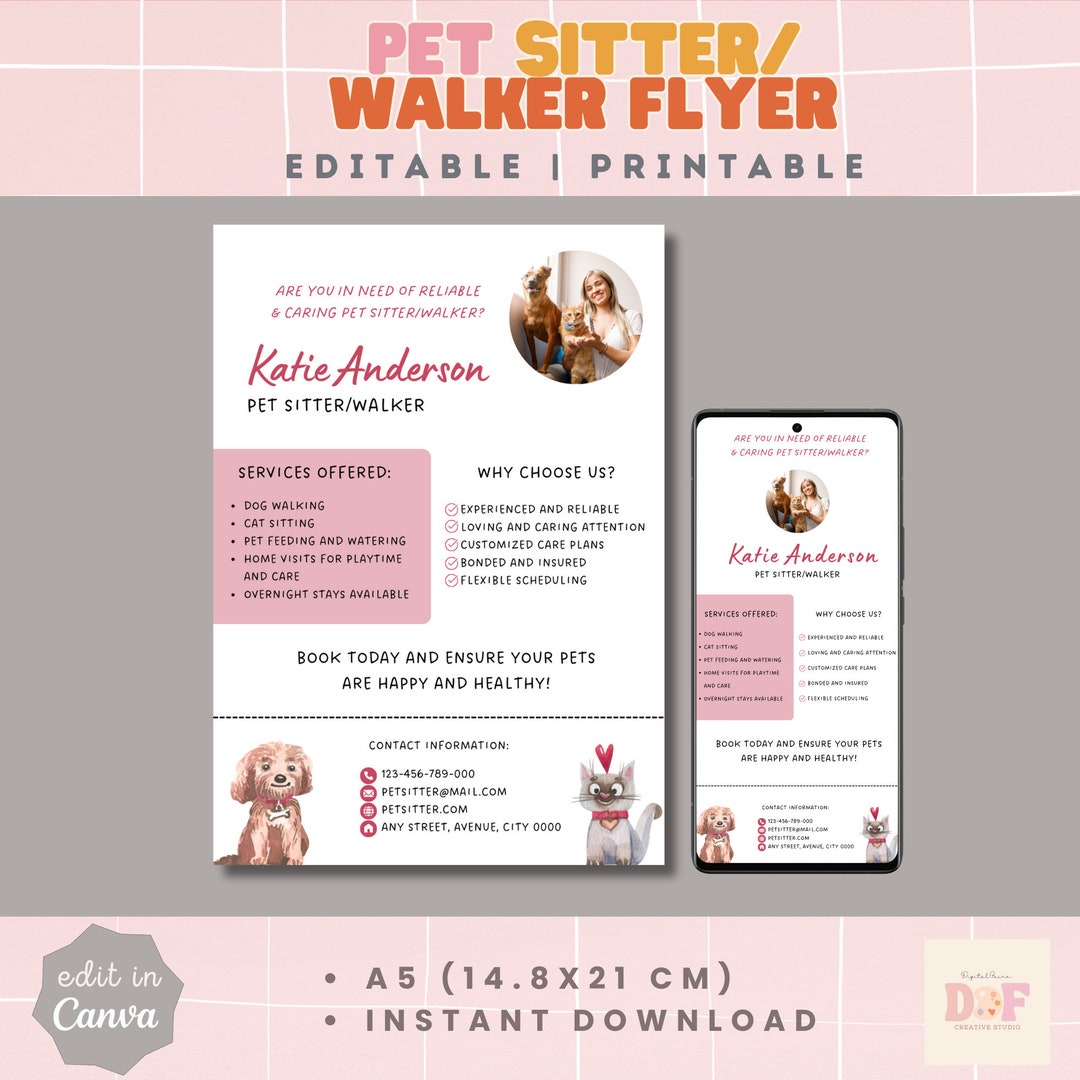 Pet Sitter Flyer, Editable Pet Walker Flayer, Dog Sitter Walker, Cat Sitter Walker, Pet Service ...