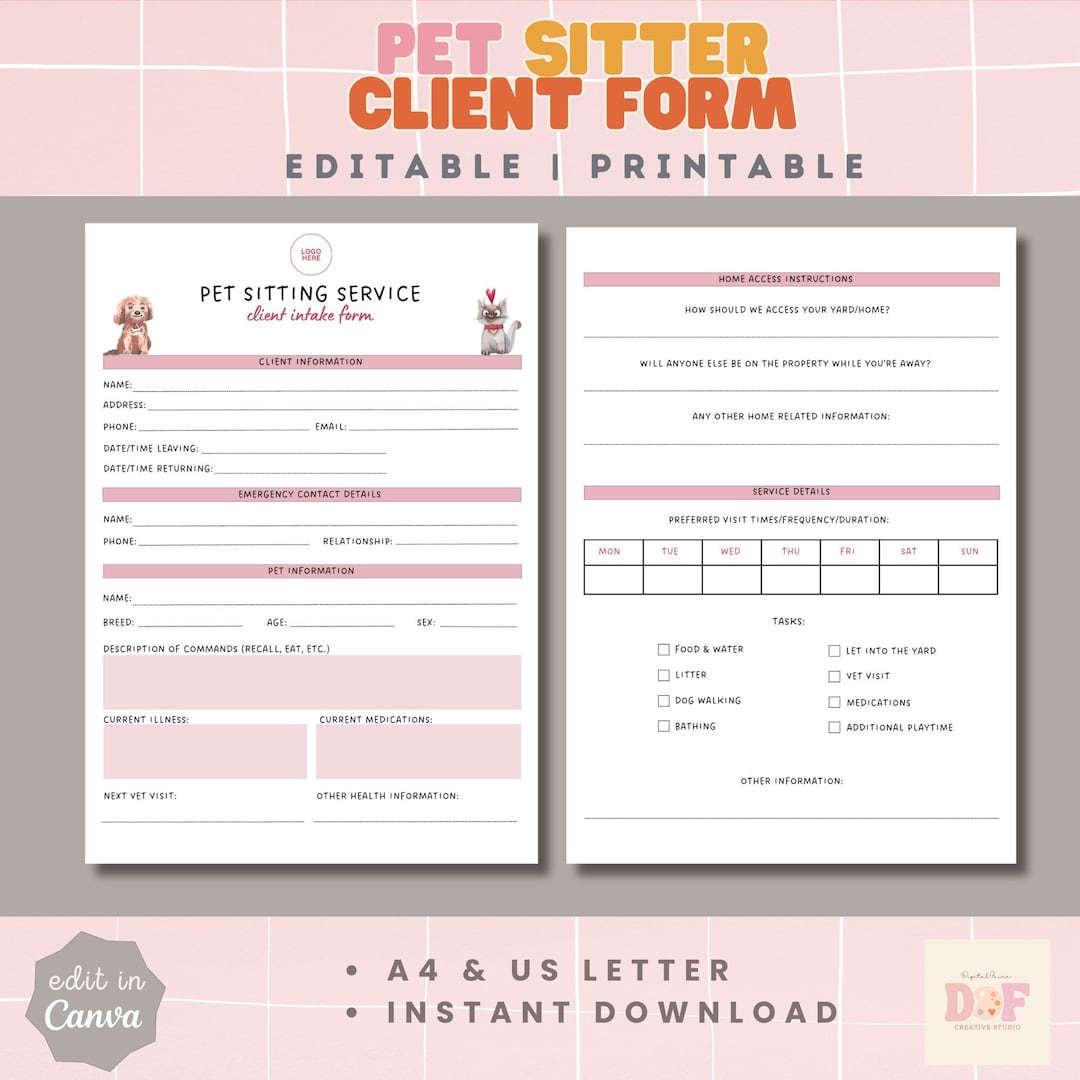 Pet Sitter Client Intake Form Editable Pet Sitting Service - Etsy