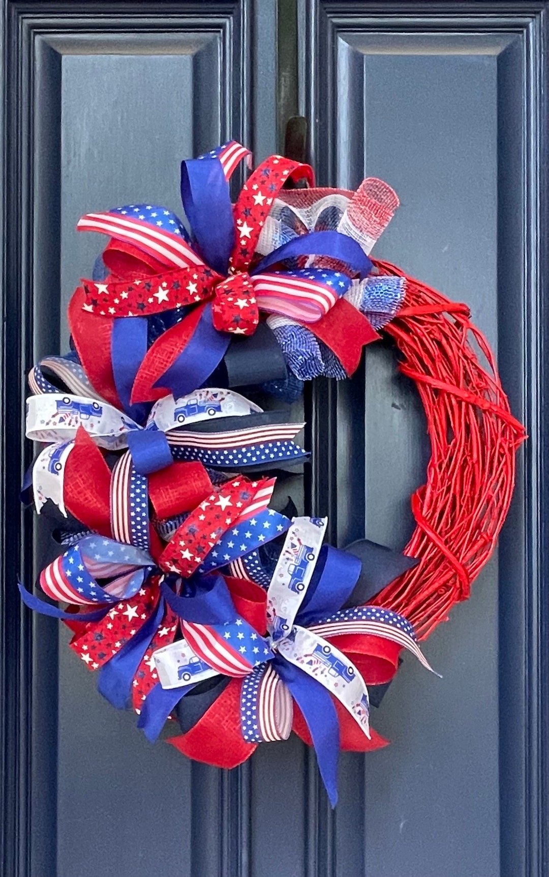 Red, White, and Blue Grapevine Ribbon Wreath With Deco Mesh, and Red ...