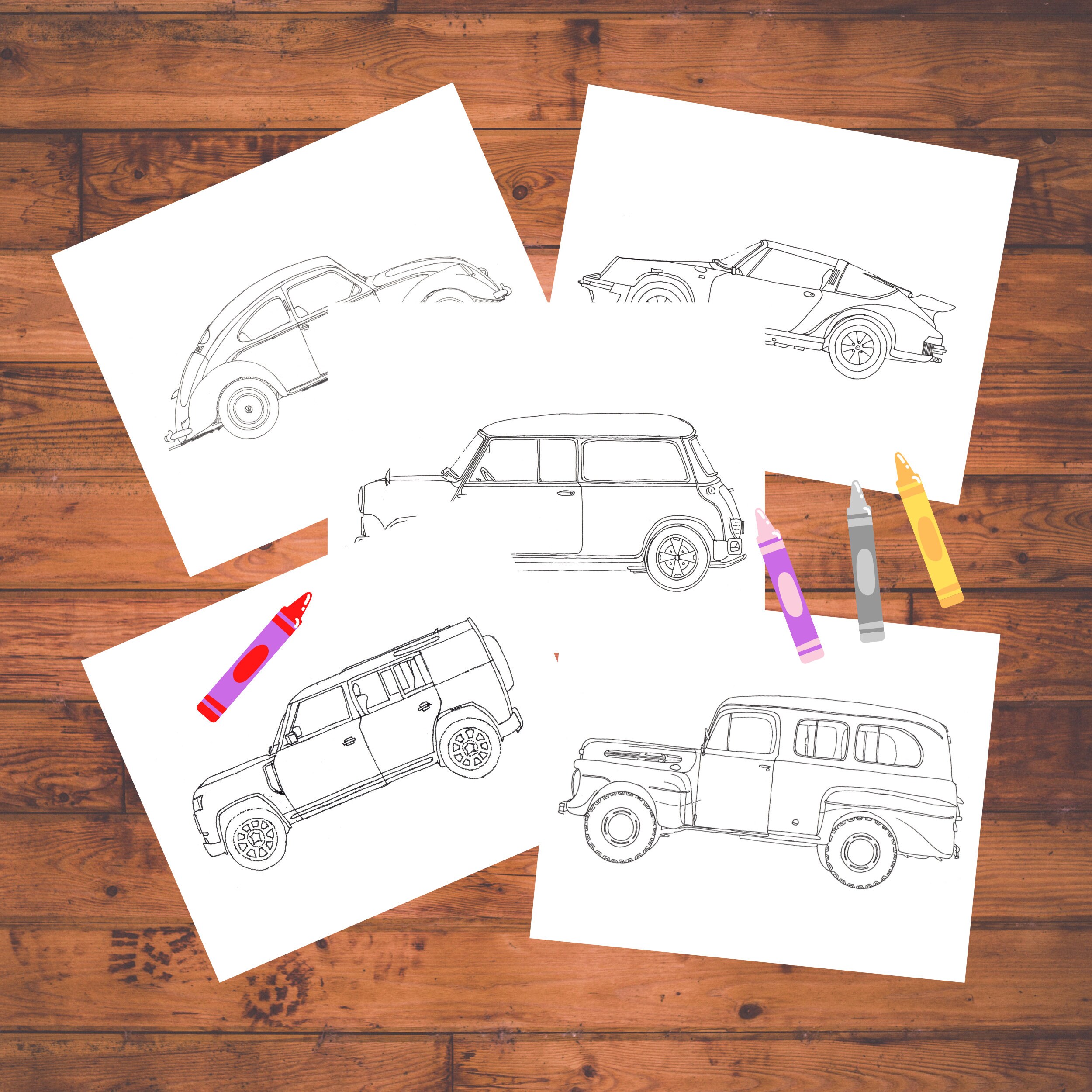 5 Cars Coloring Pages, Printable Transportation Art for Toddler or Big ...