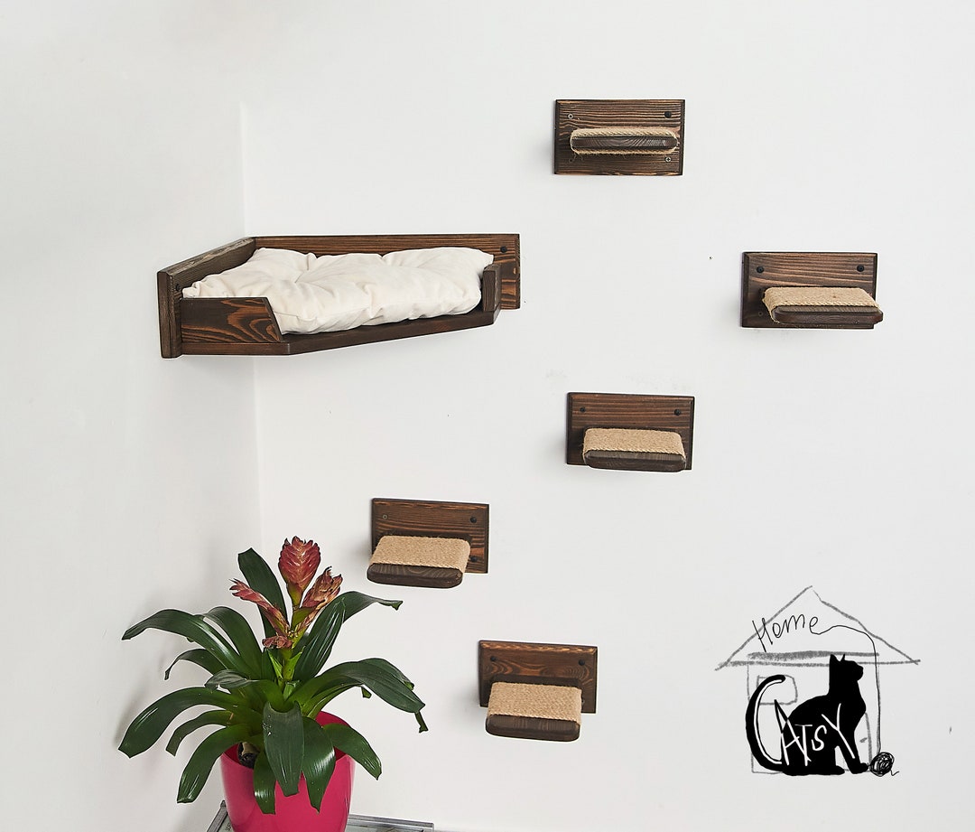 Corner Cat Wall Mount Bed With 5 Pc Steps, Cat Wall Shelves Set, Modern ...