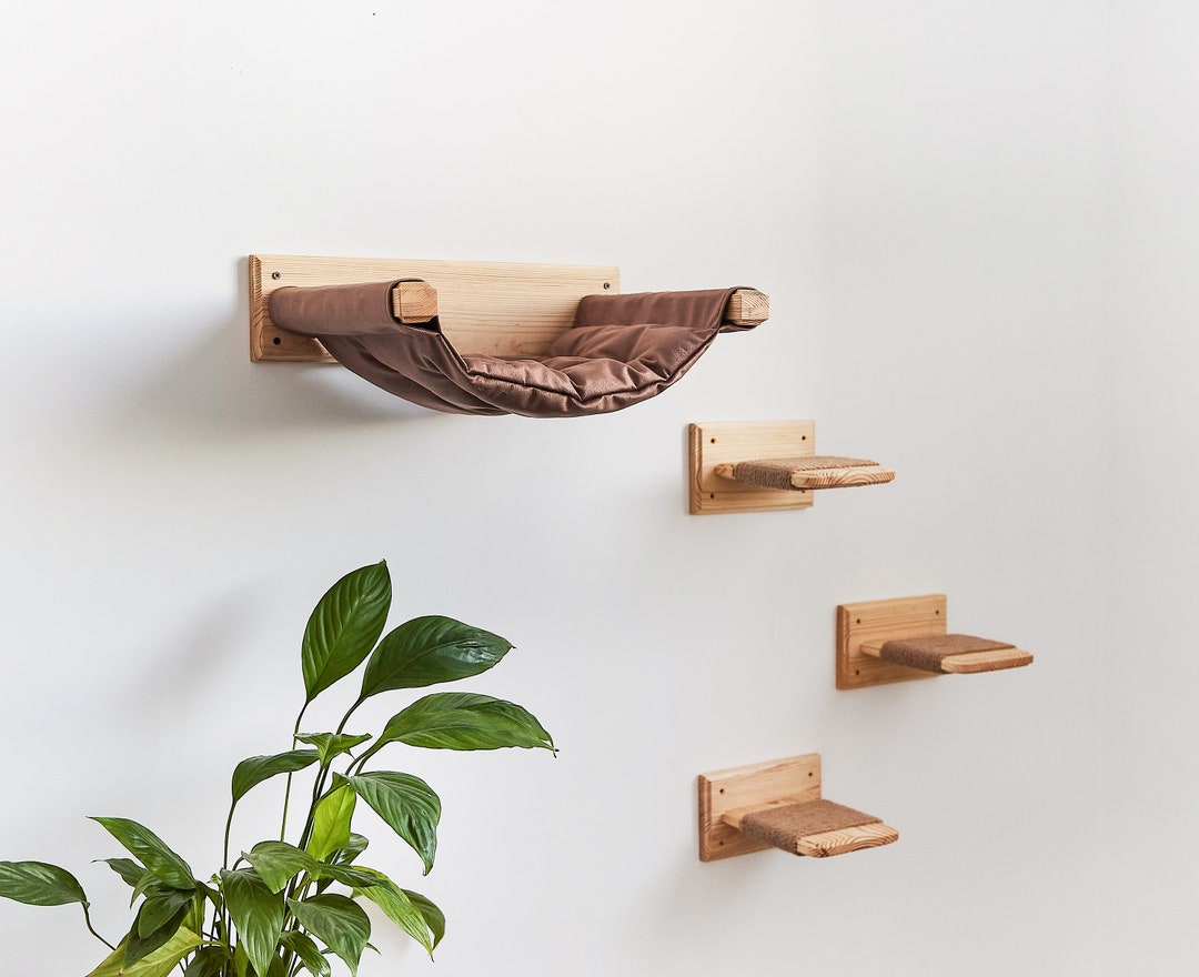 Cute Cat Hammock, Cat Bed Wall Mount, Wood Cat Steps, Cat Wall ...