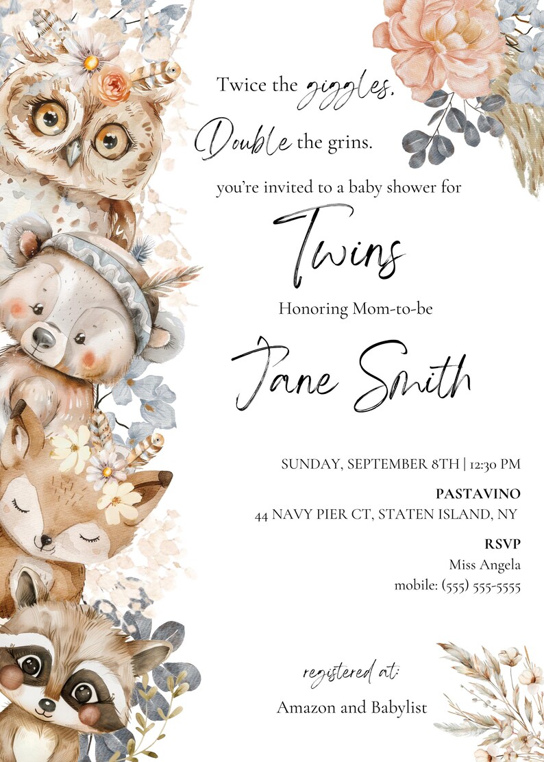 Woodland Twins Baby Shower Invitation Made to Order Invitation ...