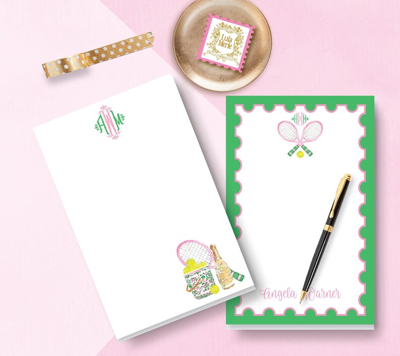 Watercolor Tennis Court PERSONALIZED NOTEPAD Preppy Palm Beach Country ...