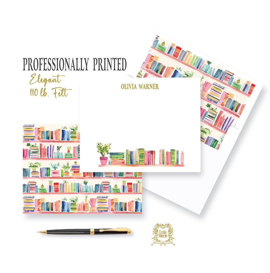 Personalized Book Stack STATIONERY NOTECARDS: Bookshelf Thank You Note ...