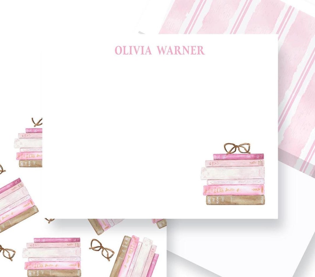 Personalized Book Stack STATIONERY NOTECARDS: Girly Book Lover Reading ...