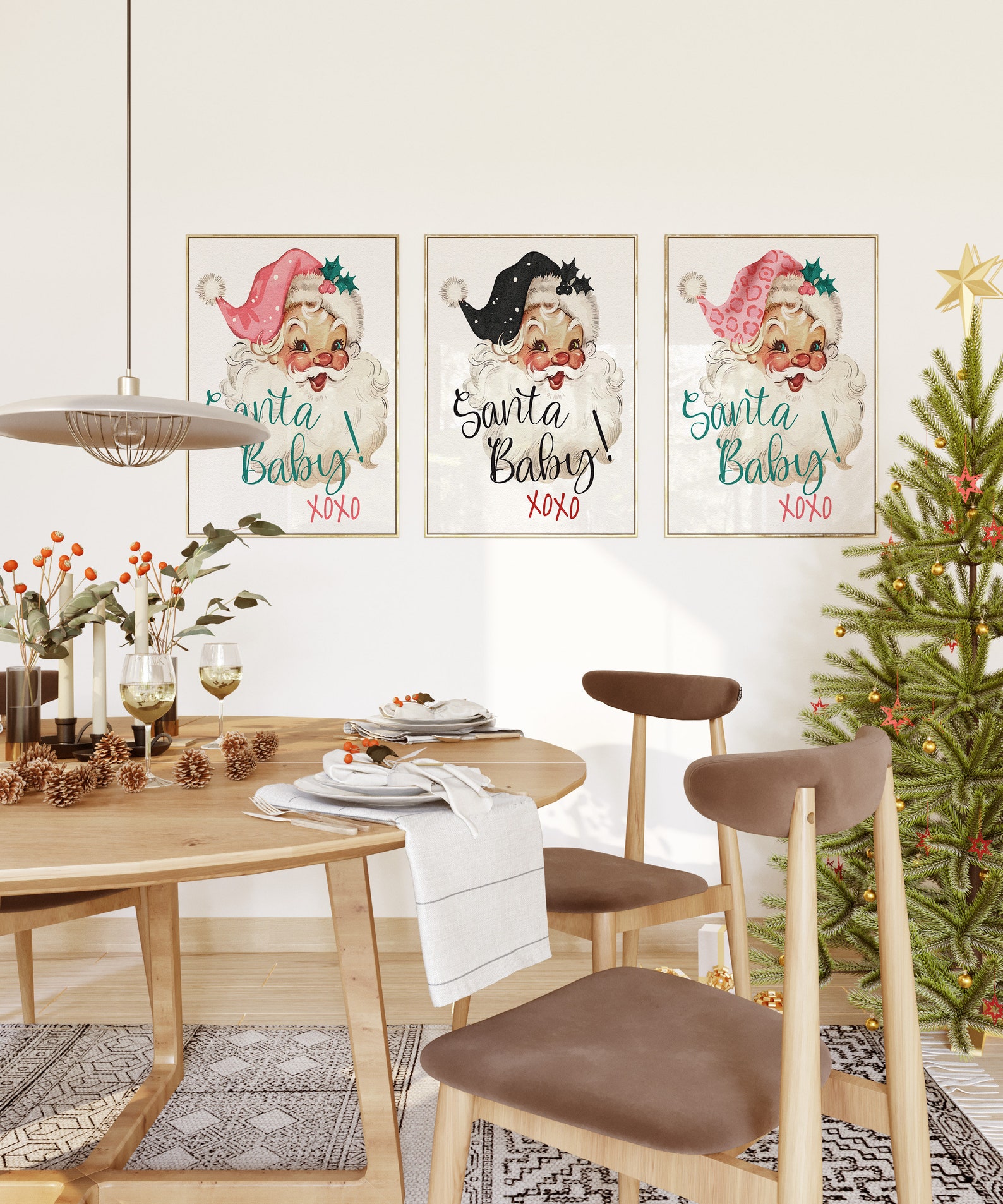 Retro Pink Santa Christmas Printable Art Preppy Chic Leopard - Etsy