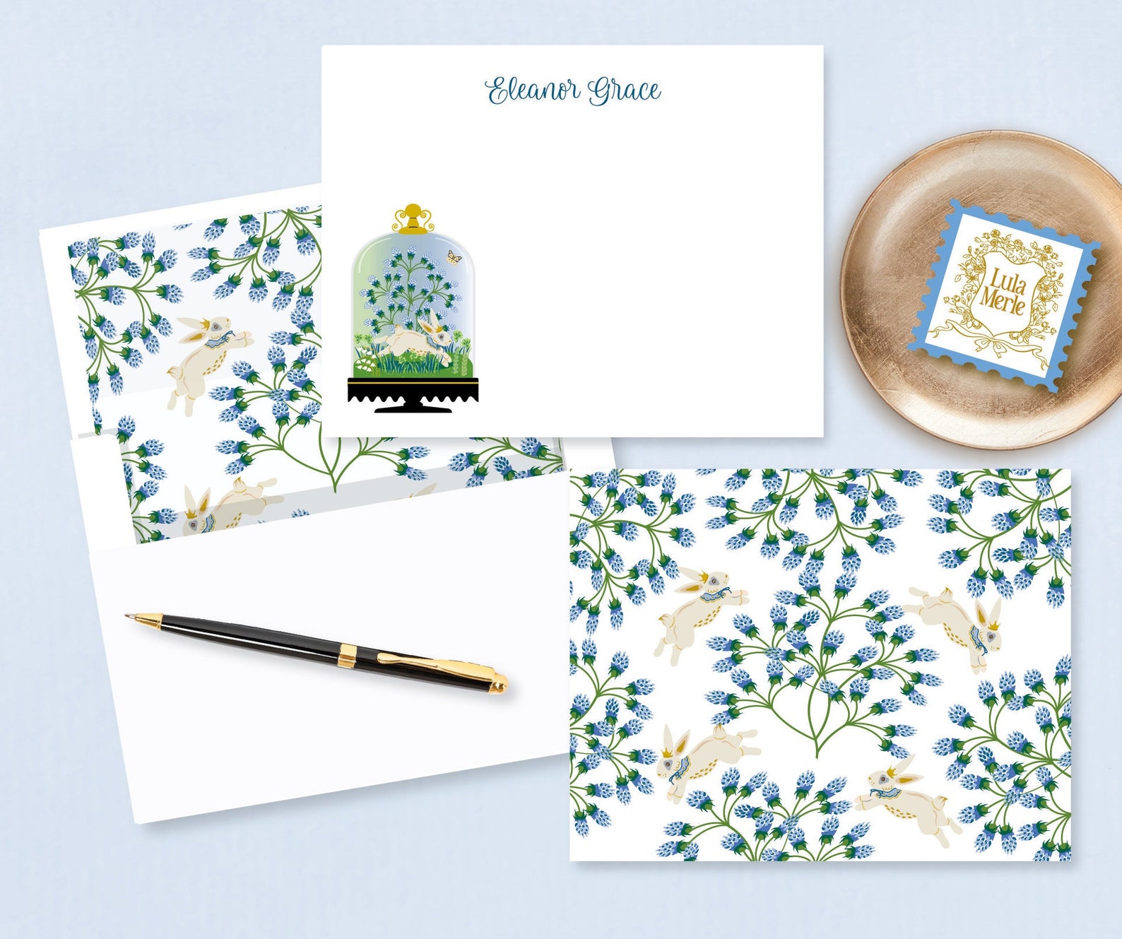 Personalized Bunny Rabbit Stationery Notecards: Grandmillennial Floral ...