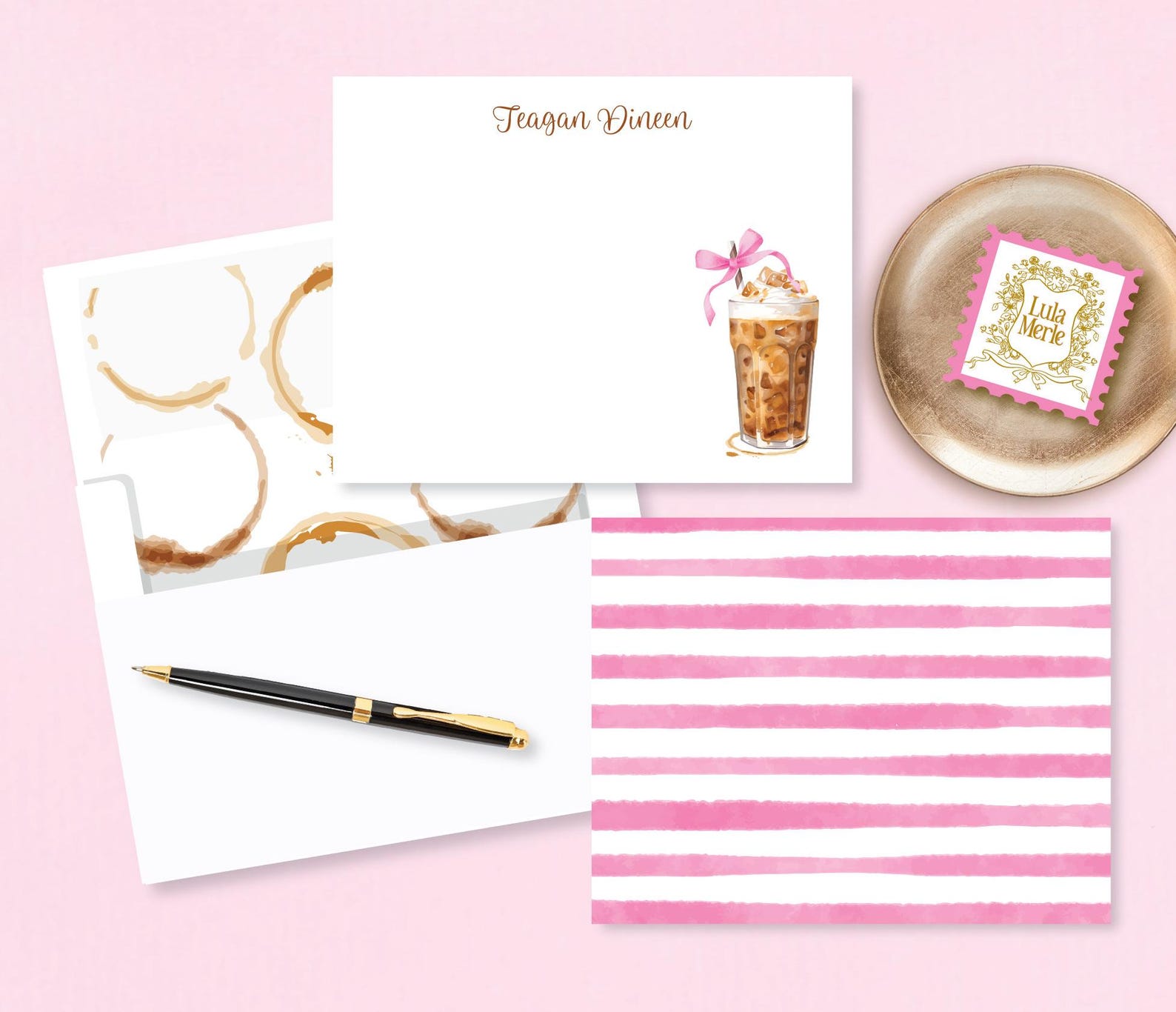 Watercolor Iced Coffee Ring Stain PERSONALIZED Name NOTEPAD Preppy Pink ...