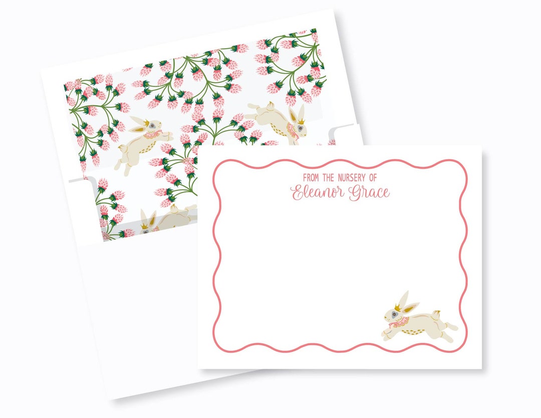 Personalized Bunny Rabbit Stationery FLAT NOTECARD Set, Custom Monogram ...