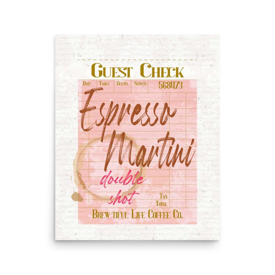 PRINTABLE Wall Art Print: Espresso Martini Guest Check Receipt, Coffee Cocktail, Pink Kitchen ...