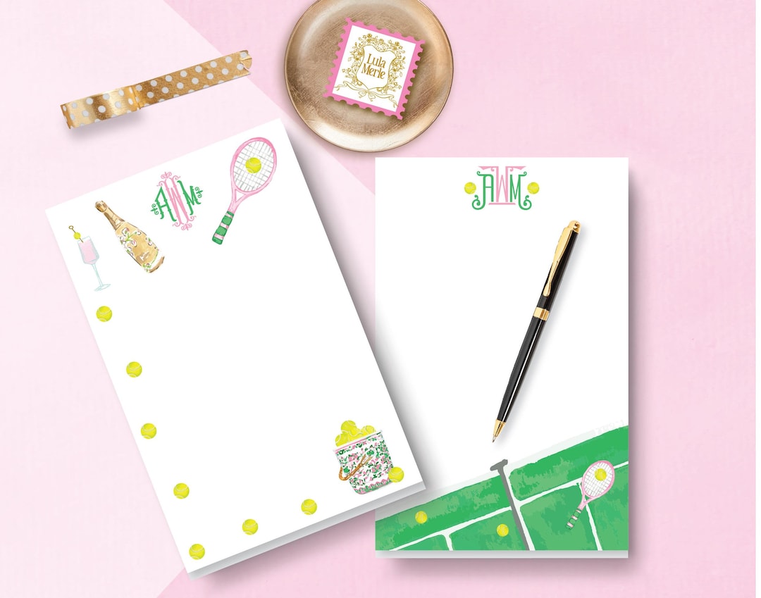 Watercolor Tennis Court PERSONALIZED NOTEPAD Preppy Palm Beach Country ...