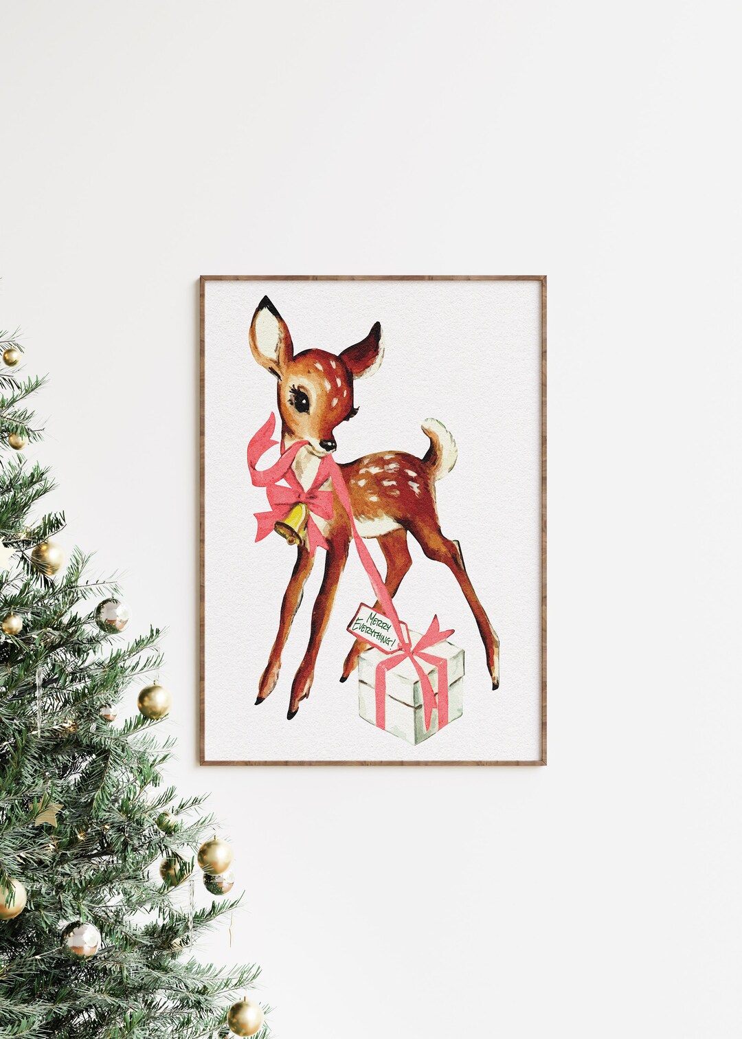 Retro Christmas Deer Printable Art Preppy Pink Reindeer Present Vintage ...