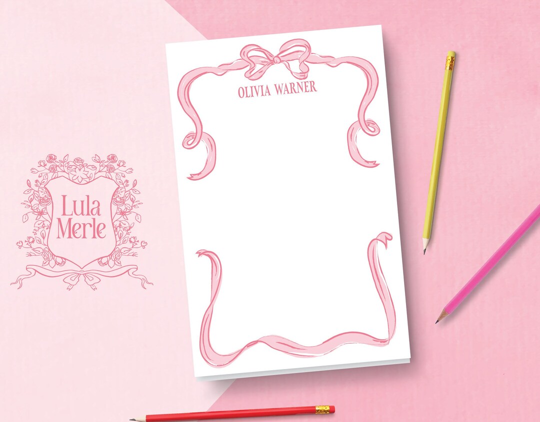 Modern Pink Bow Border PERSONALIZED NOTEPAD Preppy to Do List Maker ...