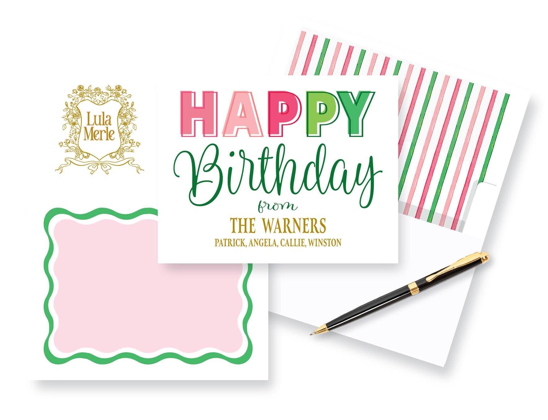Personalized Happy Birthday STATIONERY FLAT NOTECARD Modern Wavy Border ...