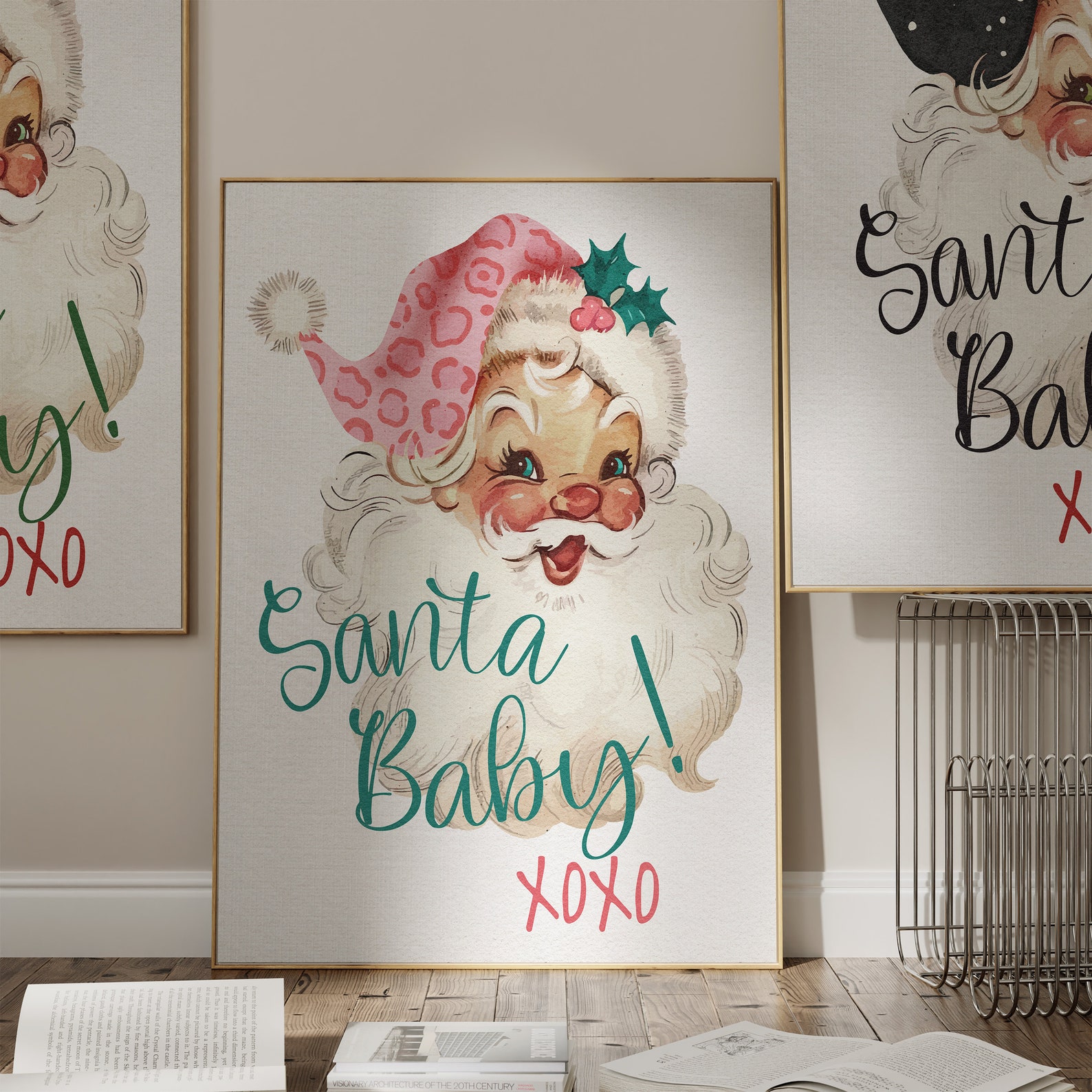 Retro Pink Santa Christmas Printable Art Preppy Chic Leopard - Etsy