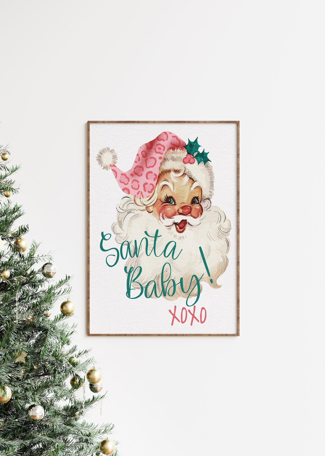 Retro Pink Santa Christmas Printable Art Preppy Chic Leopard - Etsy