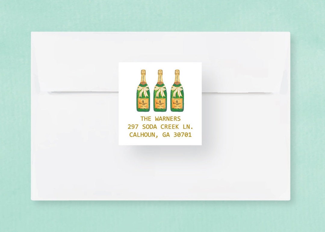 Watercolor Veuve Champagne Bottles RETURN ADDRESS LABELS Preppy Bow Pop ...