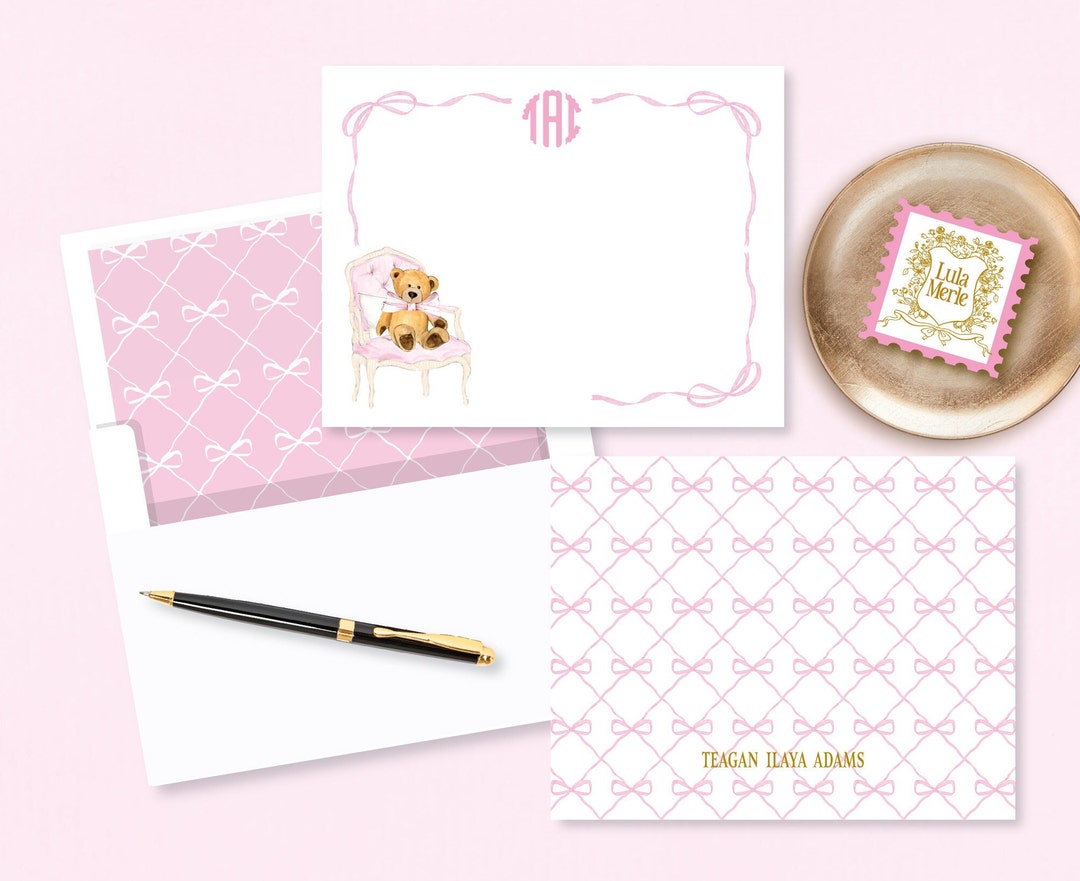 Watercolor Teddy Bear Pink Chair Personalized STATIONERY FLAT NOTECARD ...