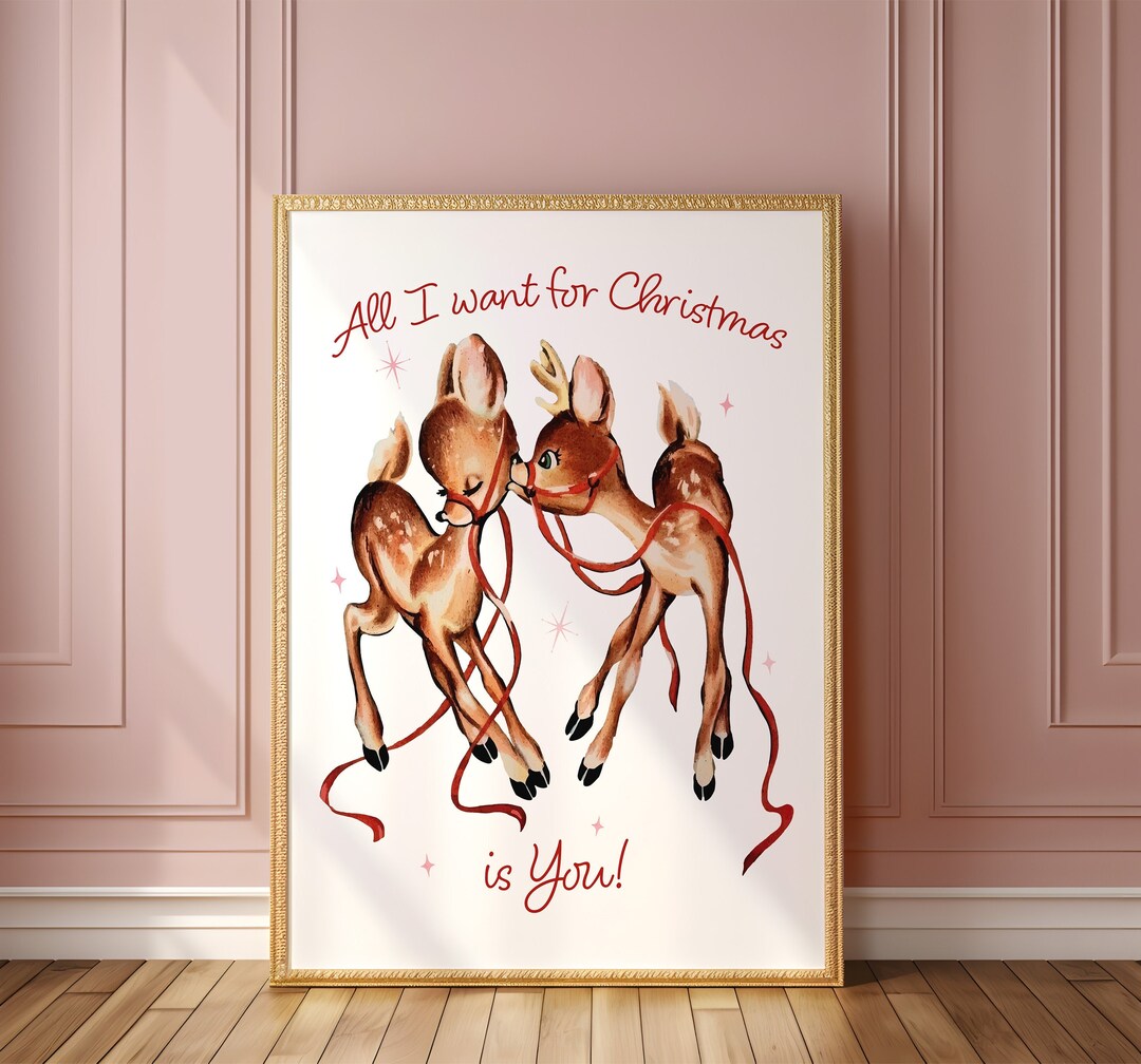 PRINTABLE Retro Christmas Deer Art Reindeer Kissing Preppy Vintage ...