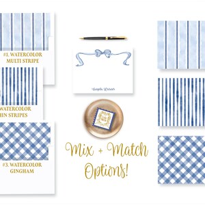 Watercolor Modern Blue Bow Personalized STATIONERY FLAT NOTECARD Set ...
