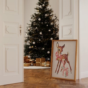 Retro Christmas Deer Printable Art Preppy Pink Reindeer Present Vintage ...