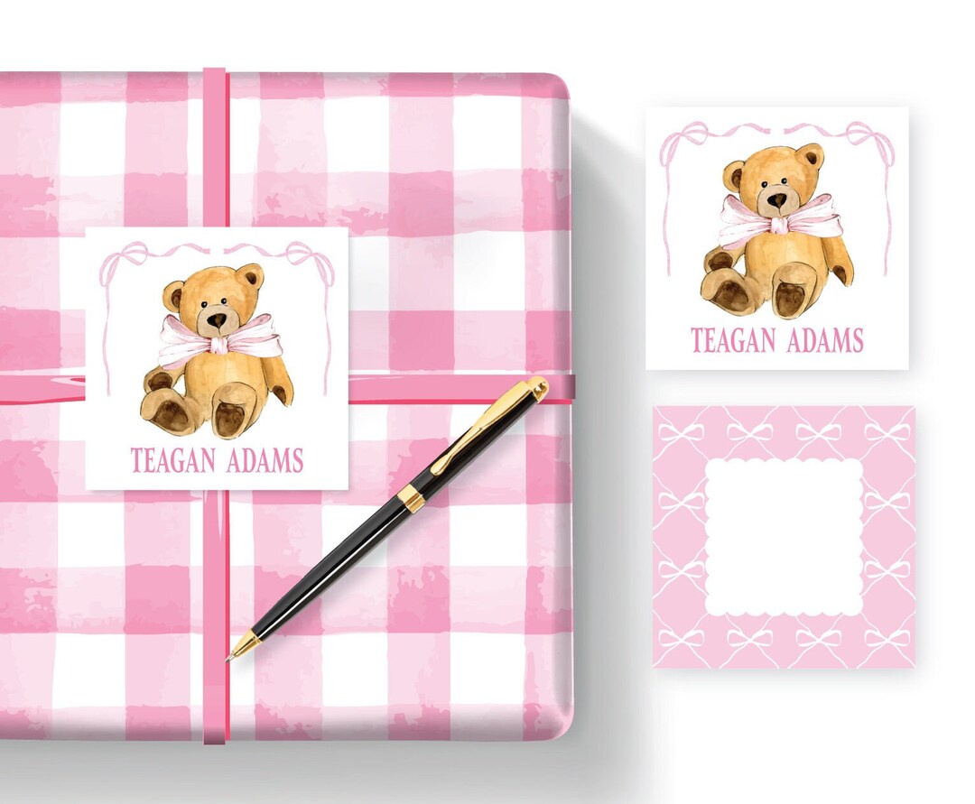 Watercolor Teddy Bear ENCLOSURE CALLING CARDS Preppy Pink Coquette Bow ...