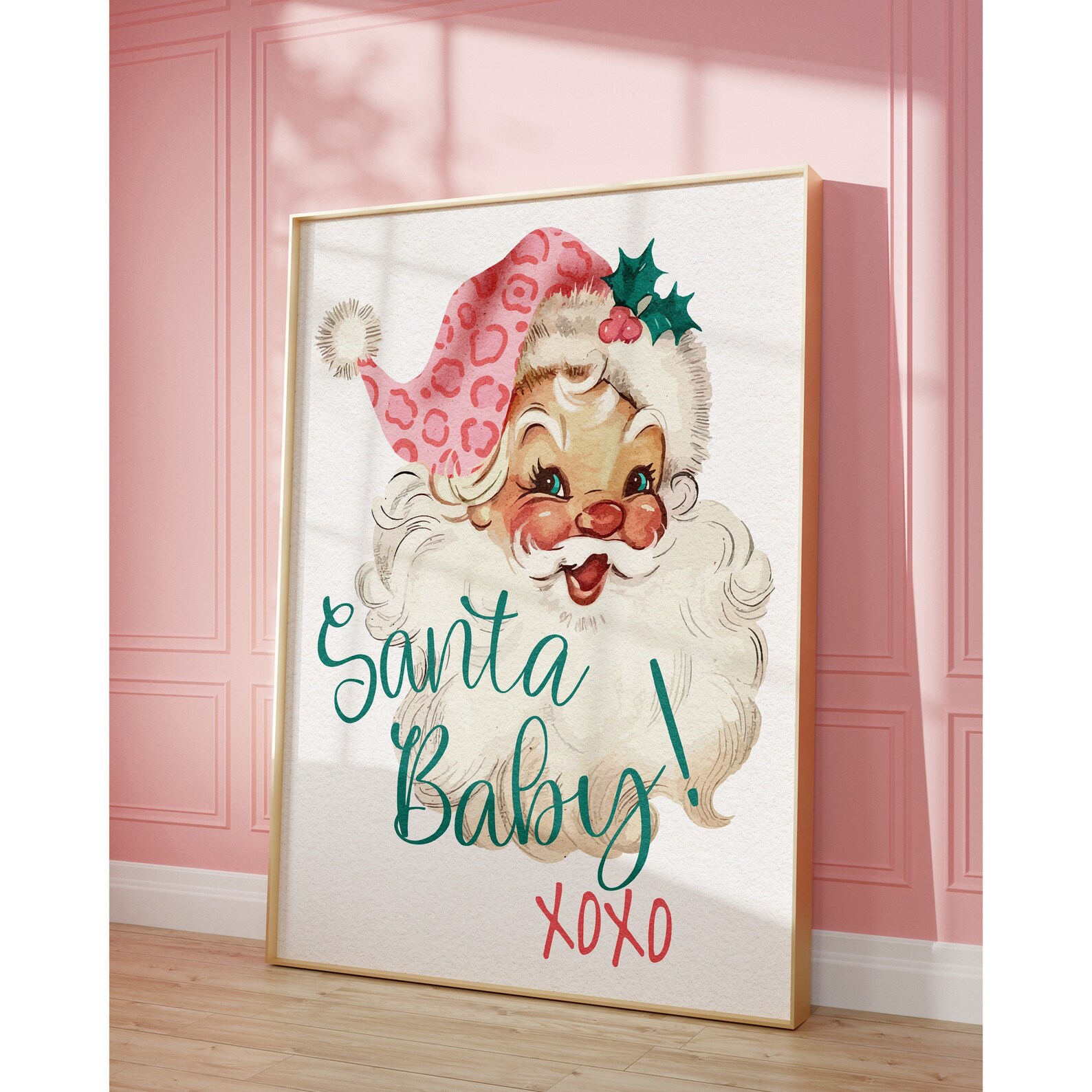 Retro Pink Santa Christmas Printable Art Preppy Chic Leopard - Etsy
