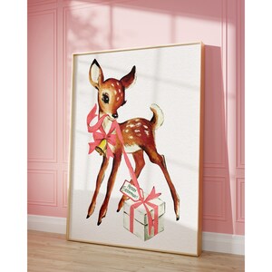 Retro Christmas Deer Printable Art Preppy Pink Reindeer Present Vintage ...
