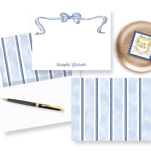 Watercolor Modern Blue Bow Personalized STATIONERY FLAT NOTECARD Set ...