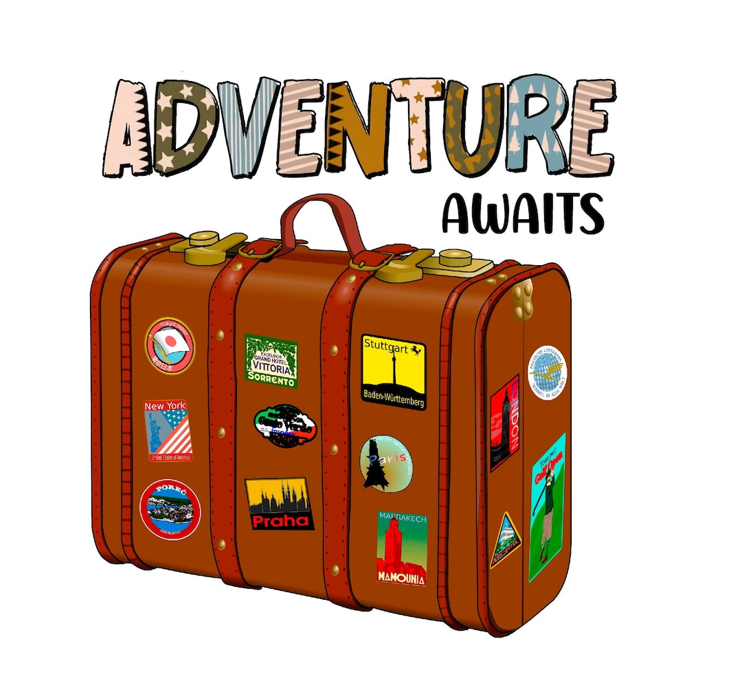 Adventure Awaits Digital Download, Vintage Suitcase Clipart, Luggage ...